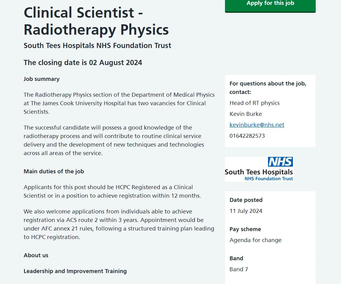 CLINICAL SCIENTIST - RADIOTHERAPY PHYSICS